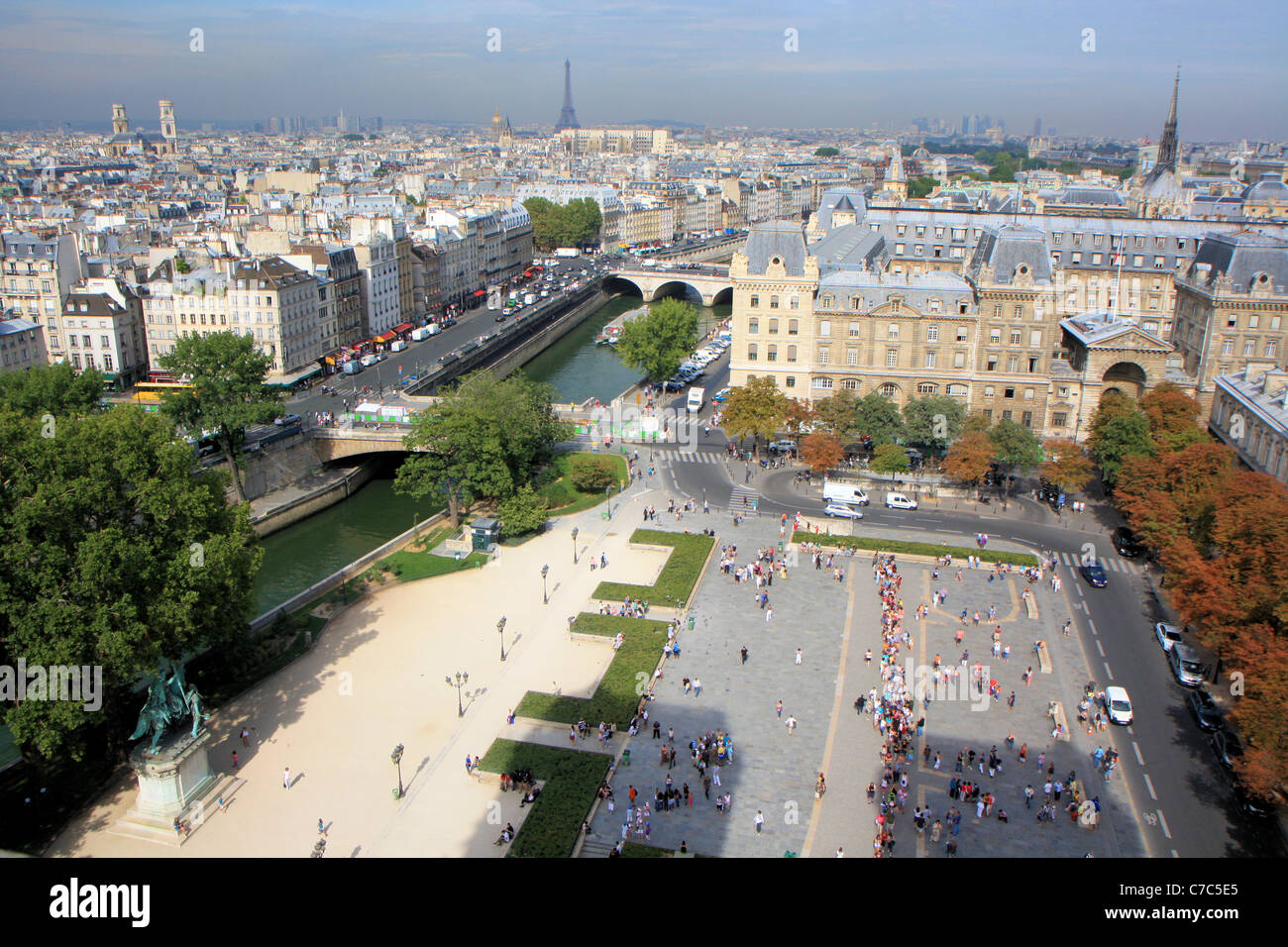 Aerial view of the Seine river from the tall towers of Notre Dame ...