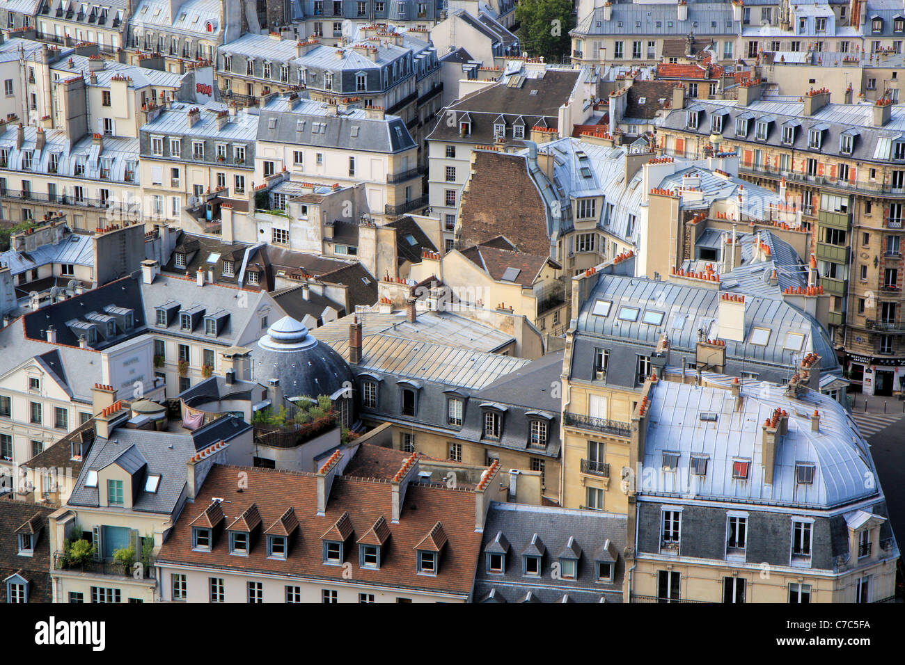 Aerial view of the zinc roofs and chimneys of Paris from Notre Dame ...