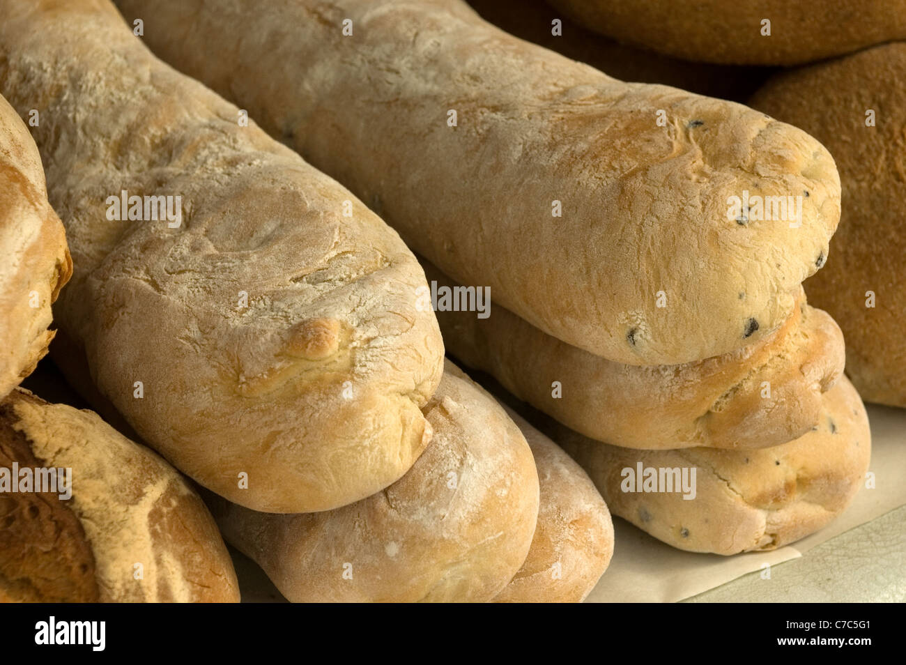 Fresh baked bread being sold at a farmers market in Abbey Mills, South ...