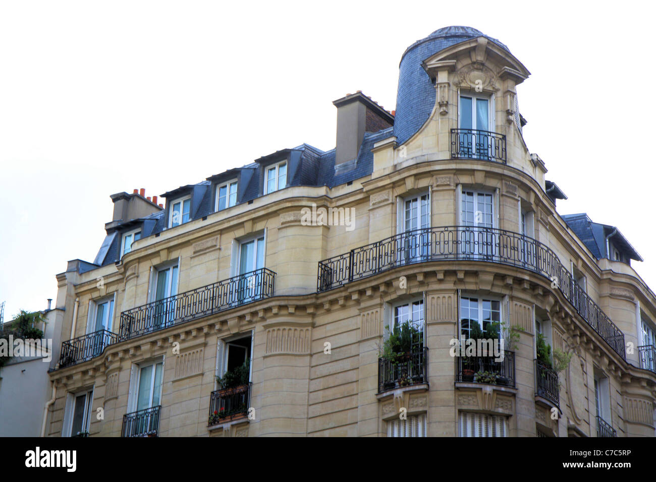 Close up view of Haussmannian building with rotunda in Paris, France ...