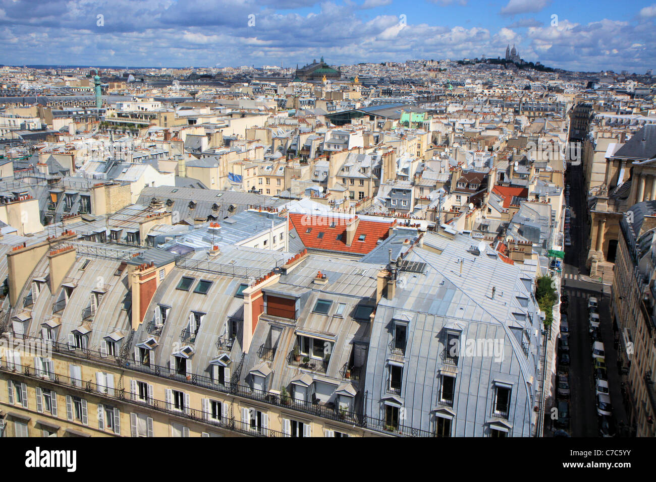 Aerial view of the zinc roofs and chimneys of Paris from the great ...