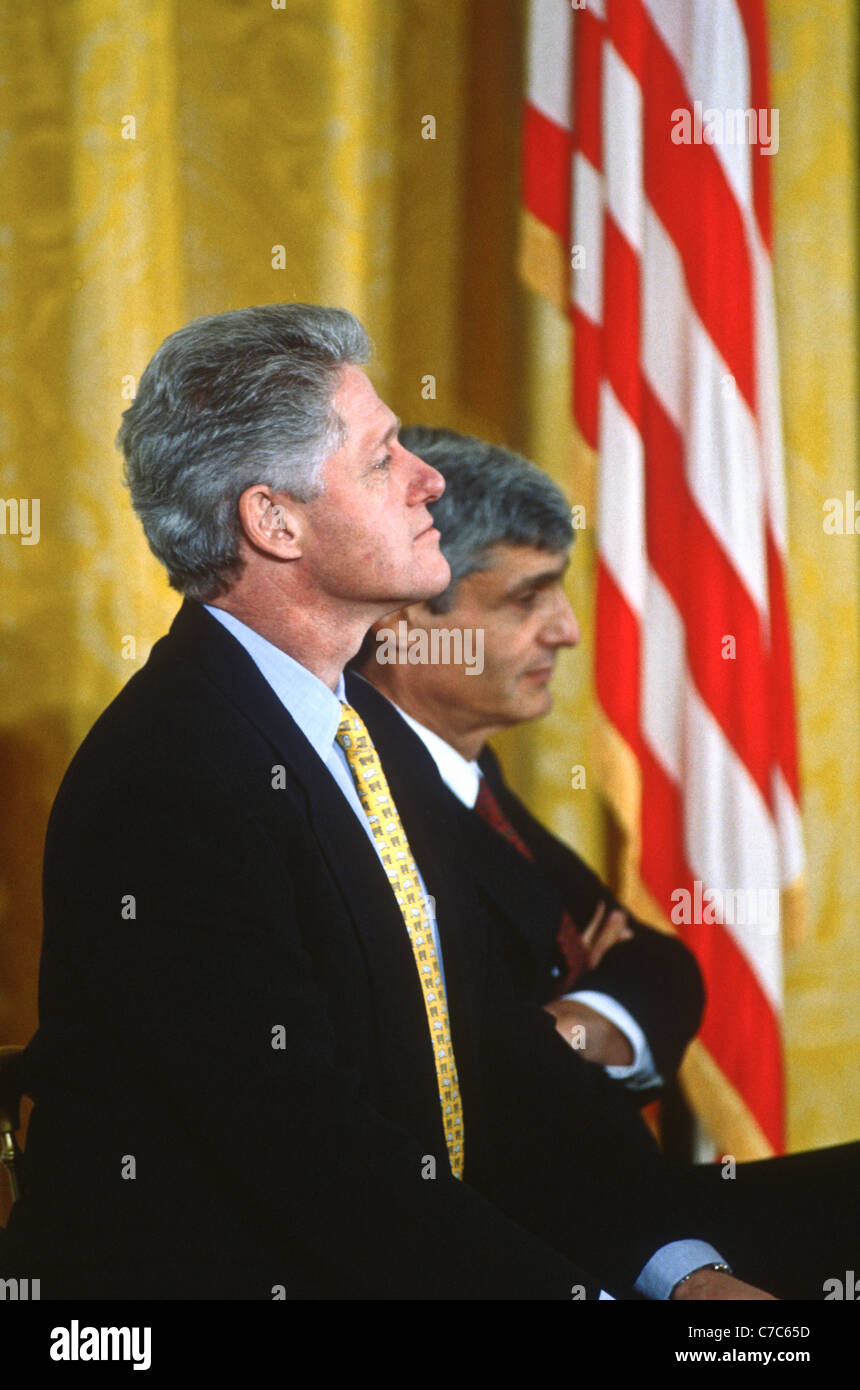 US President Bill Clinton with Treasury Secretary Robert Rubin doing a ...
