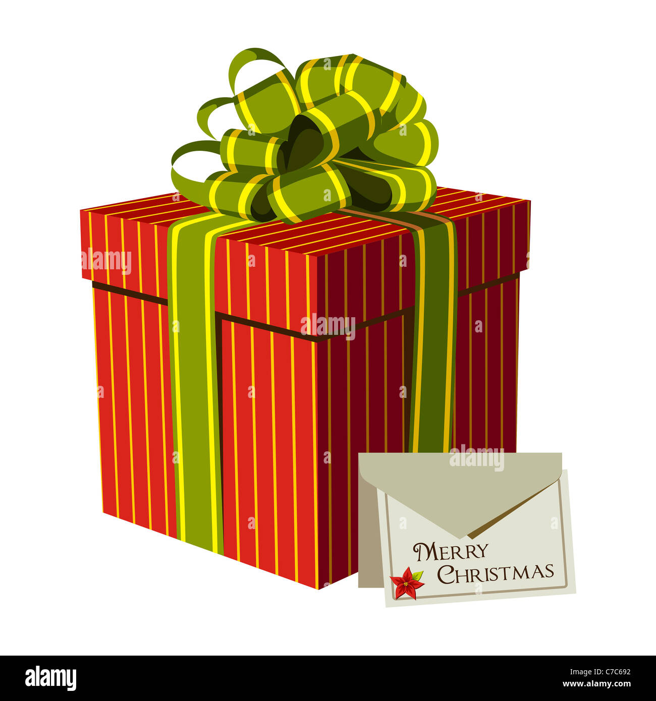Red gift box with green ribbon and Xmas card. White background. Vector ...