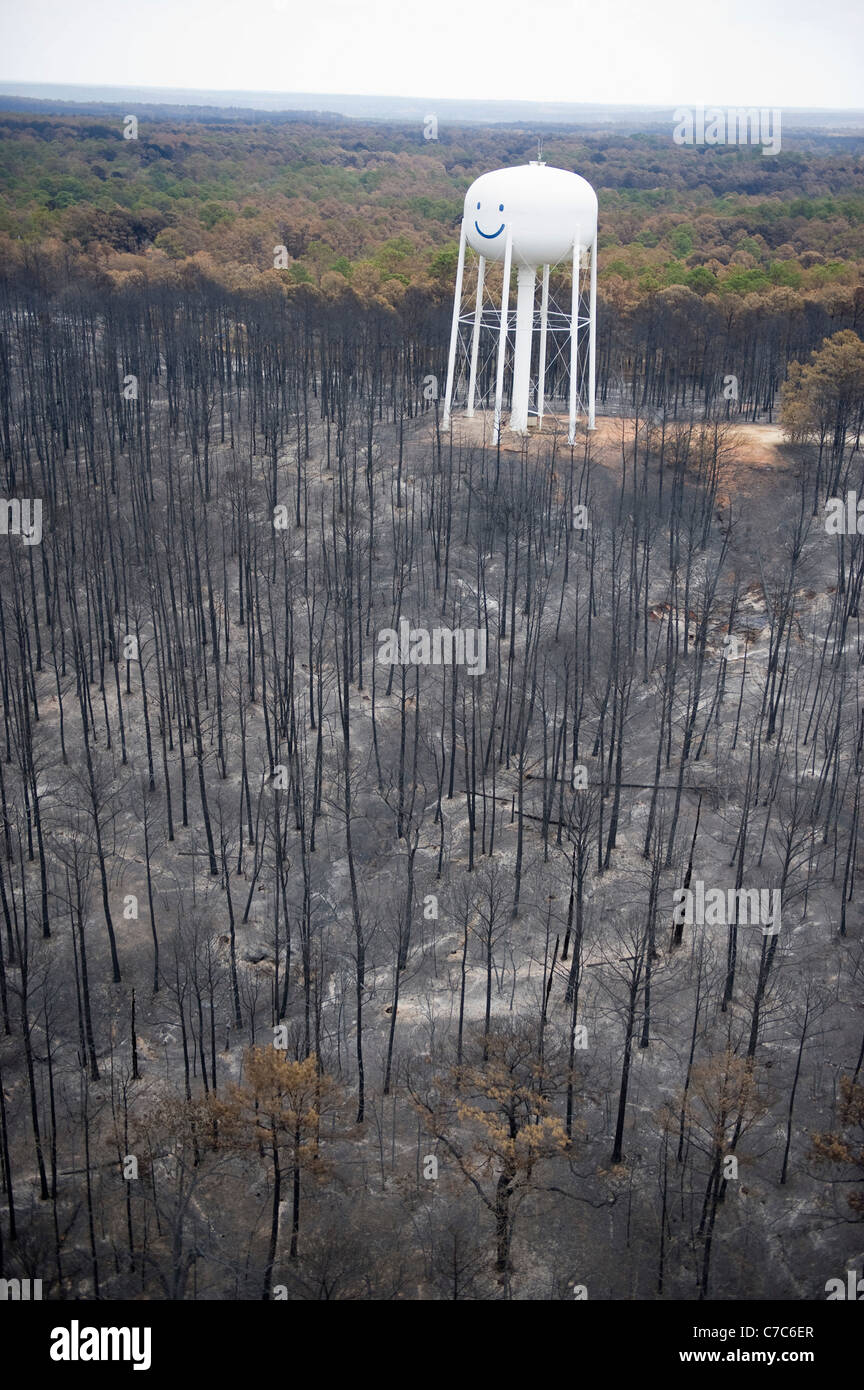 Water tower with smiley face painted on it stand above wildfire damage ...
