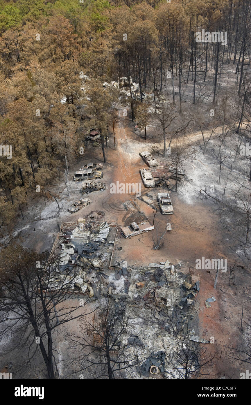 Aerial shows wildfire damage to the forest in and around Bastrop State ...
