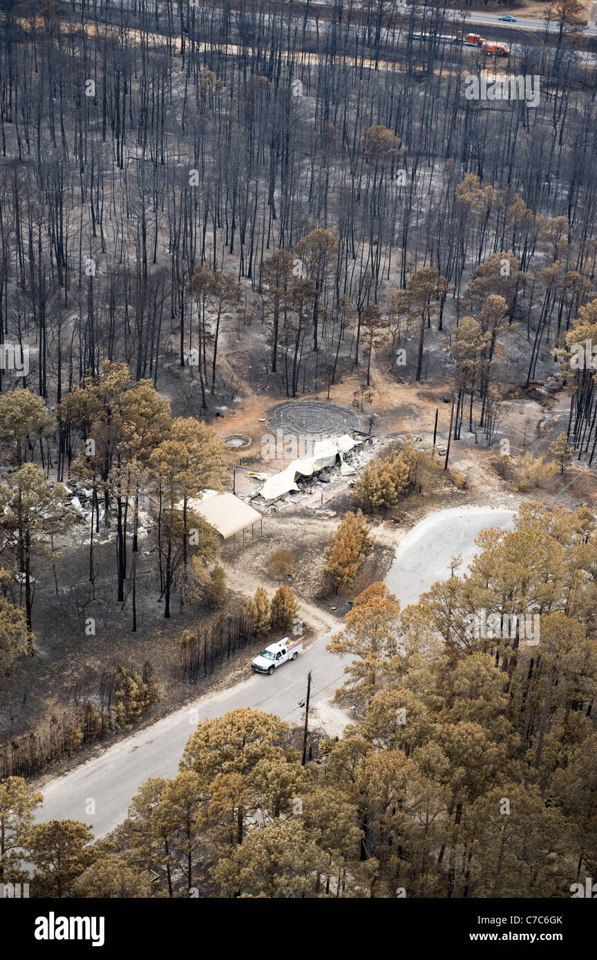 Aerial of fire damage in Bastrop County, TX shows burned-out campground ...