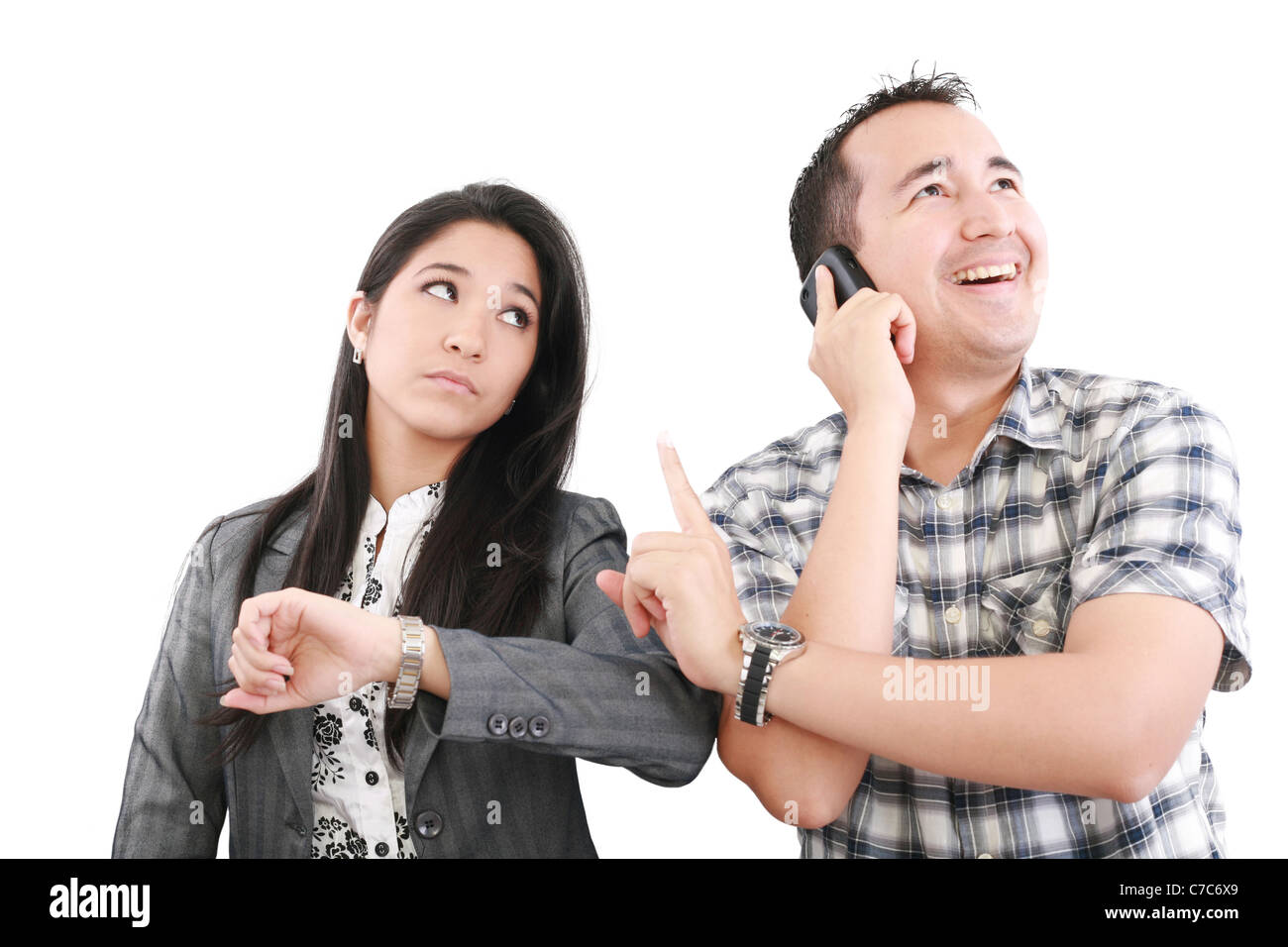 give me one minute, caucasian mid adult person talking on cellphone ...