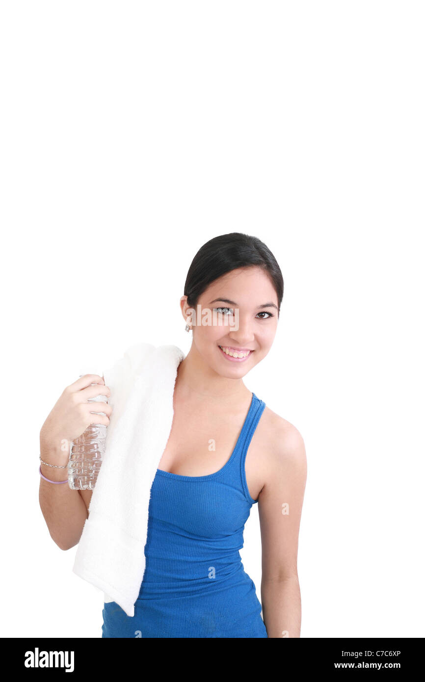 Portrait Of Woman In Fitness Attire Holding Water Bottle And Smiling