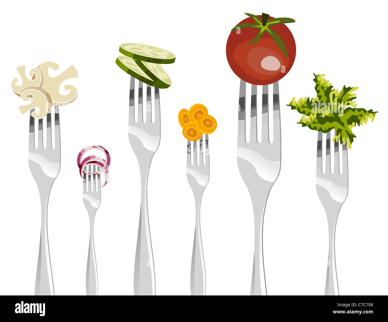 Six forks with different vegetables in horizontal sequence on white ...