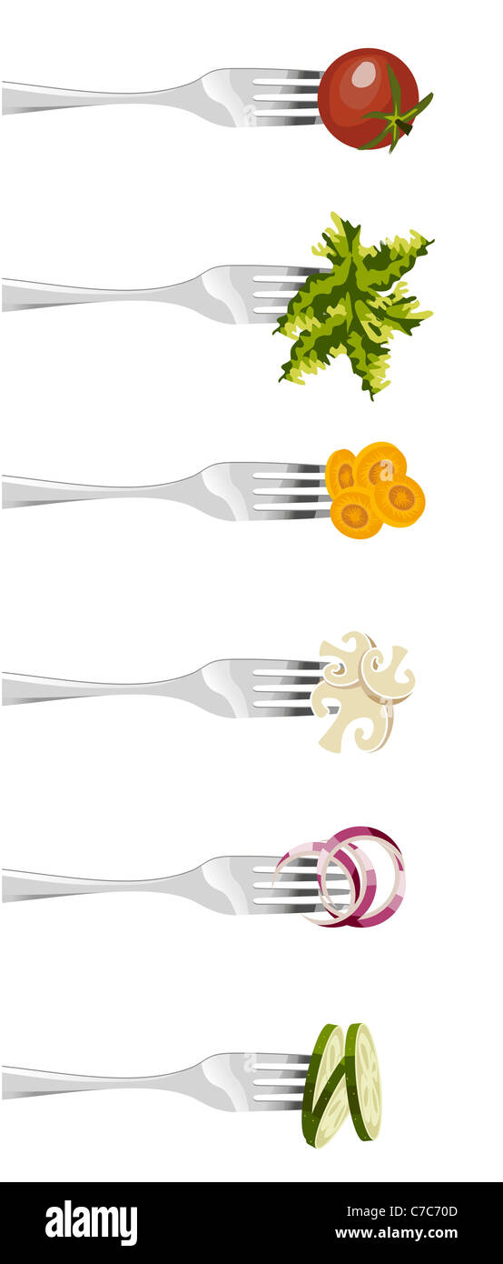 Six forks with different vegetables in vertical sequence on white ...