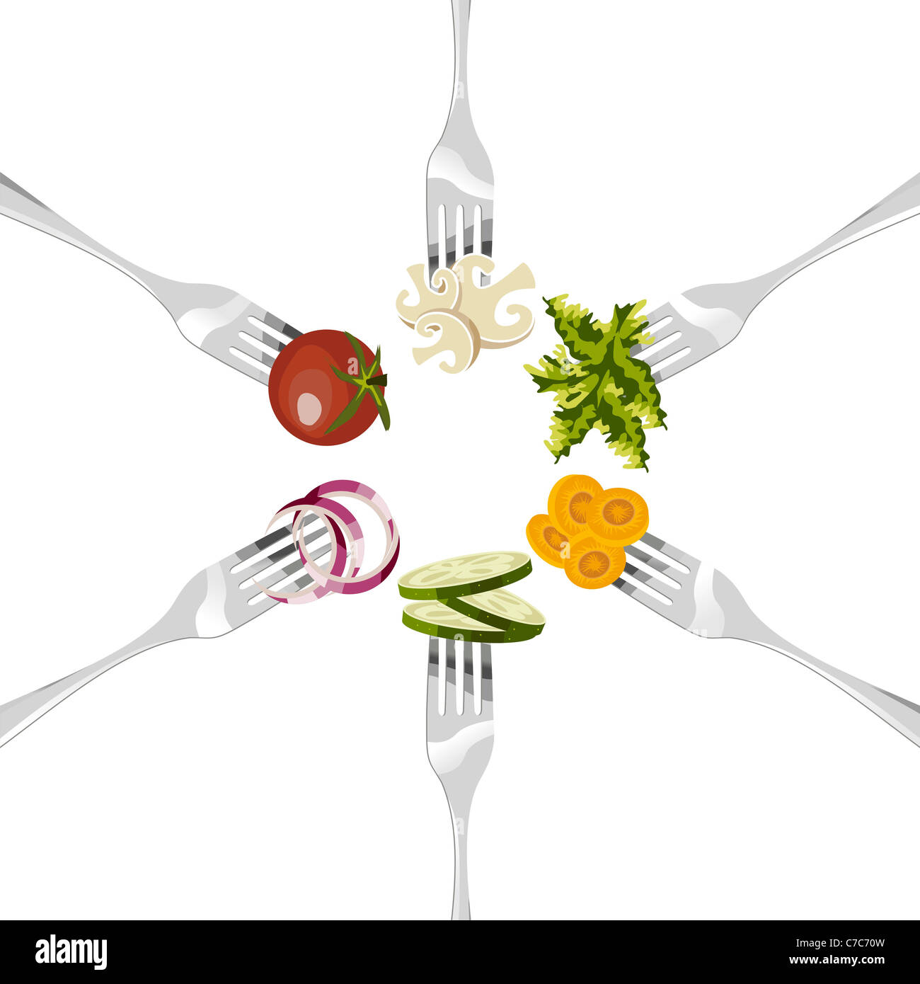Six forks with different vegetables in circular sequence on white ...