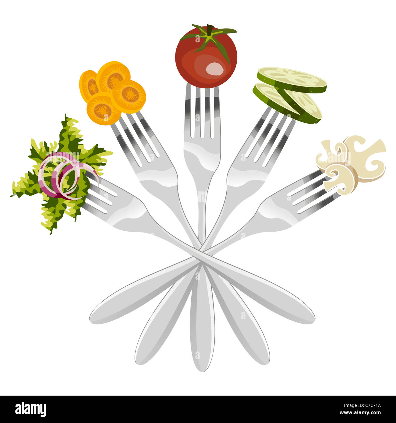 Five forks with different vegetables on white background Stock Photo ...