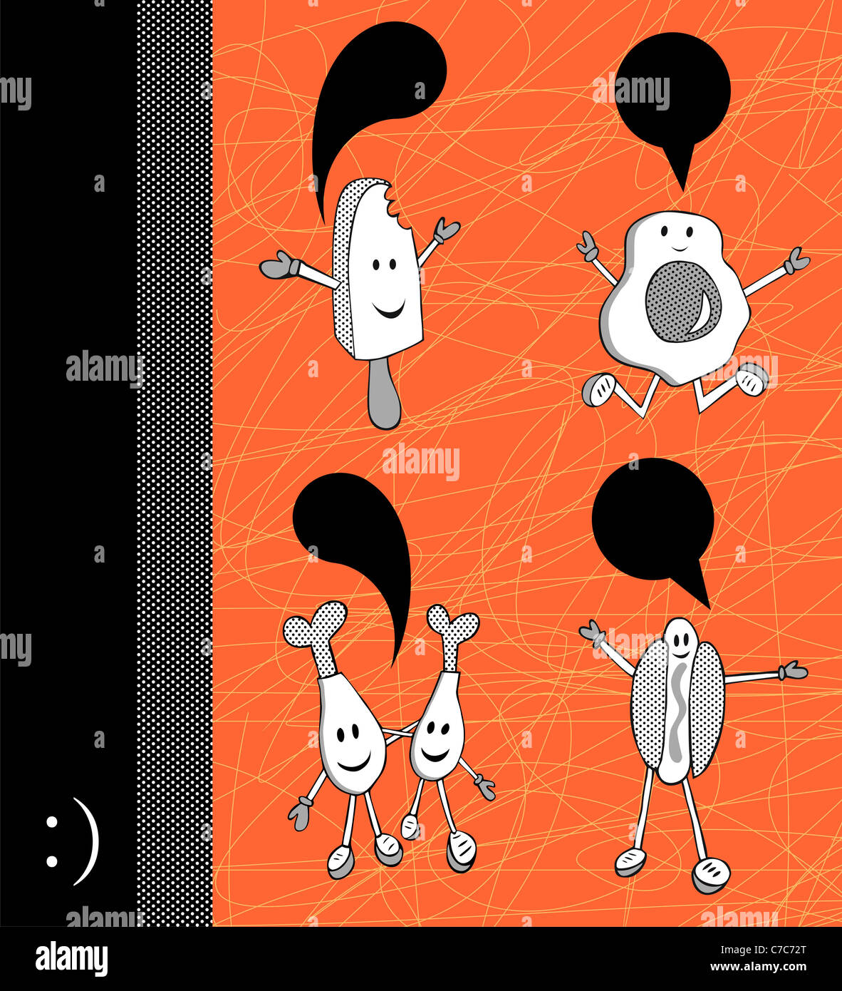 Fast food cartoons with dialogue balloon on orange background. Vector ...