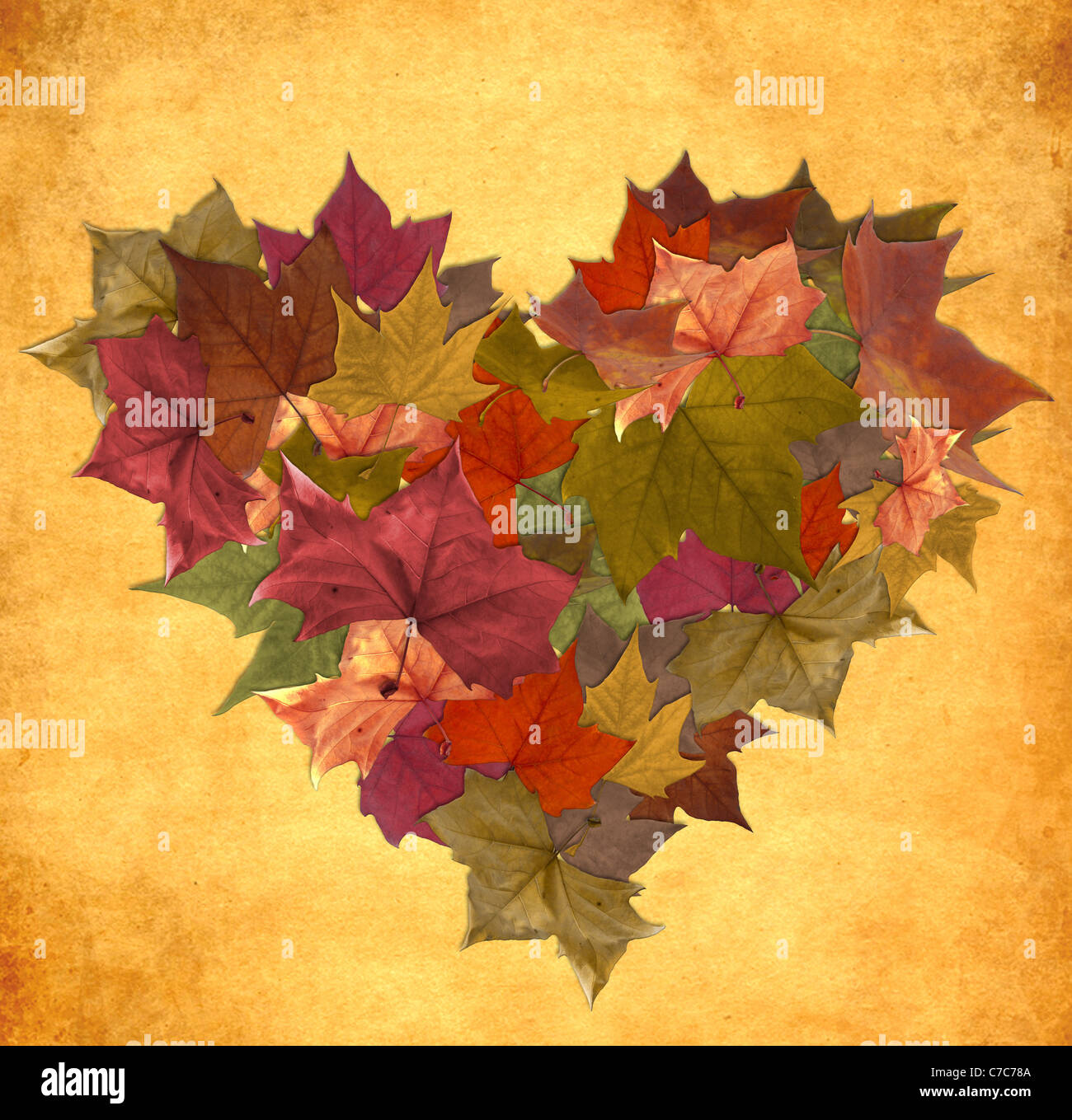 Multicolored fall leaf lot in heart shape over vintage background Stock ...