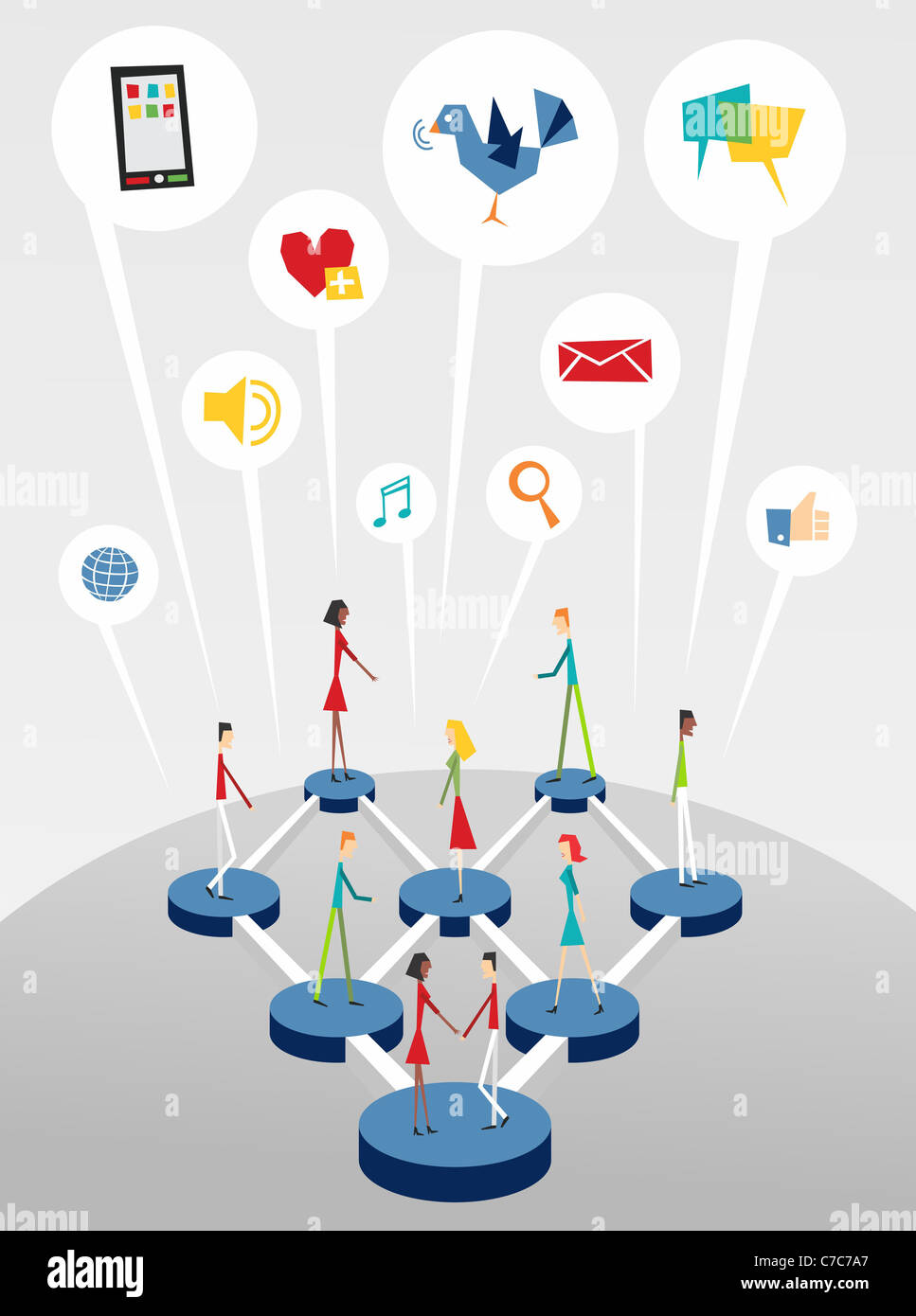 Global Social network relationship diagram over light grey background ...