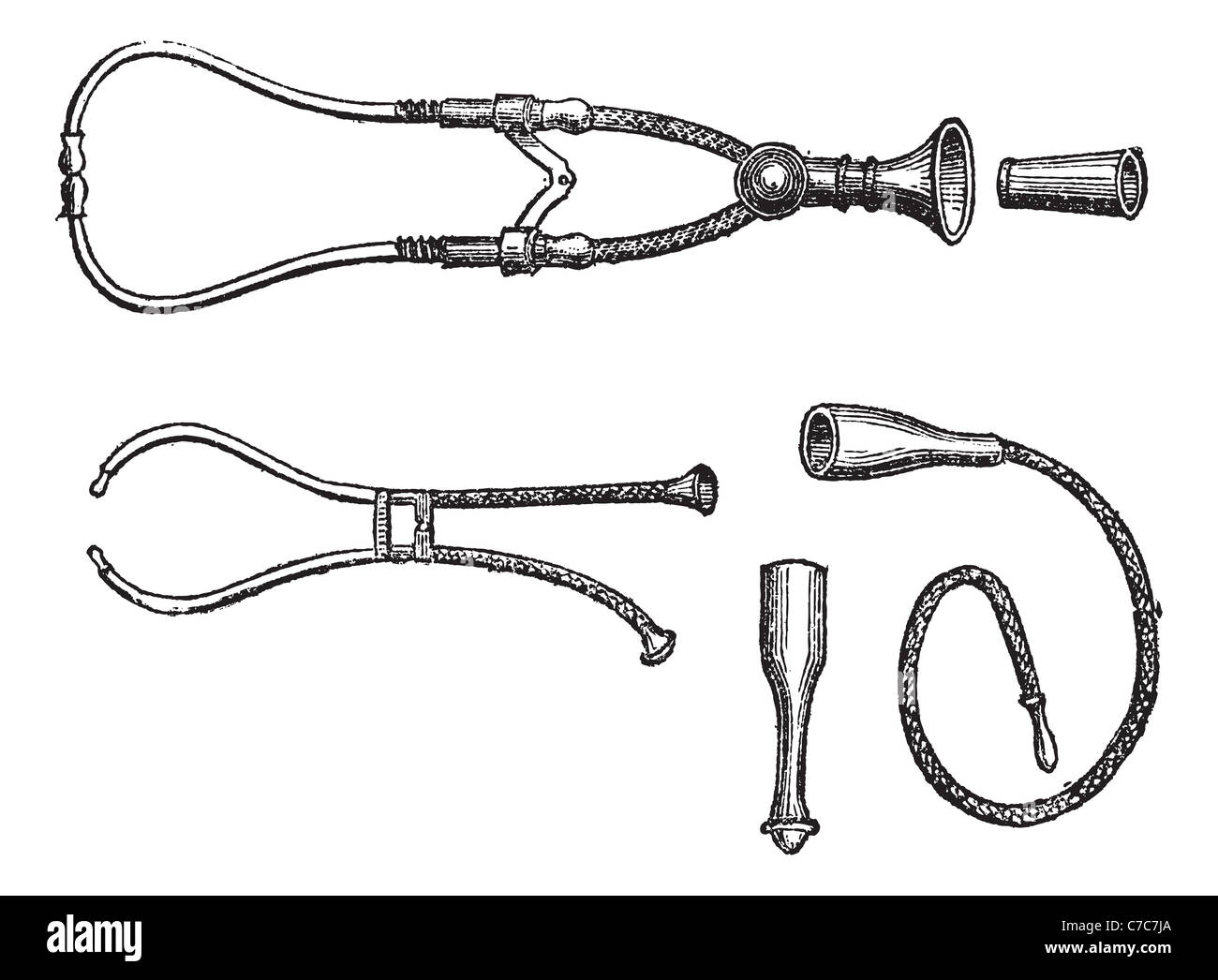 Stethoscopes, vintage engraving. Old engraved illustration of three ...