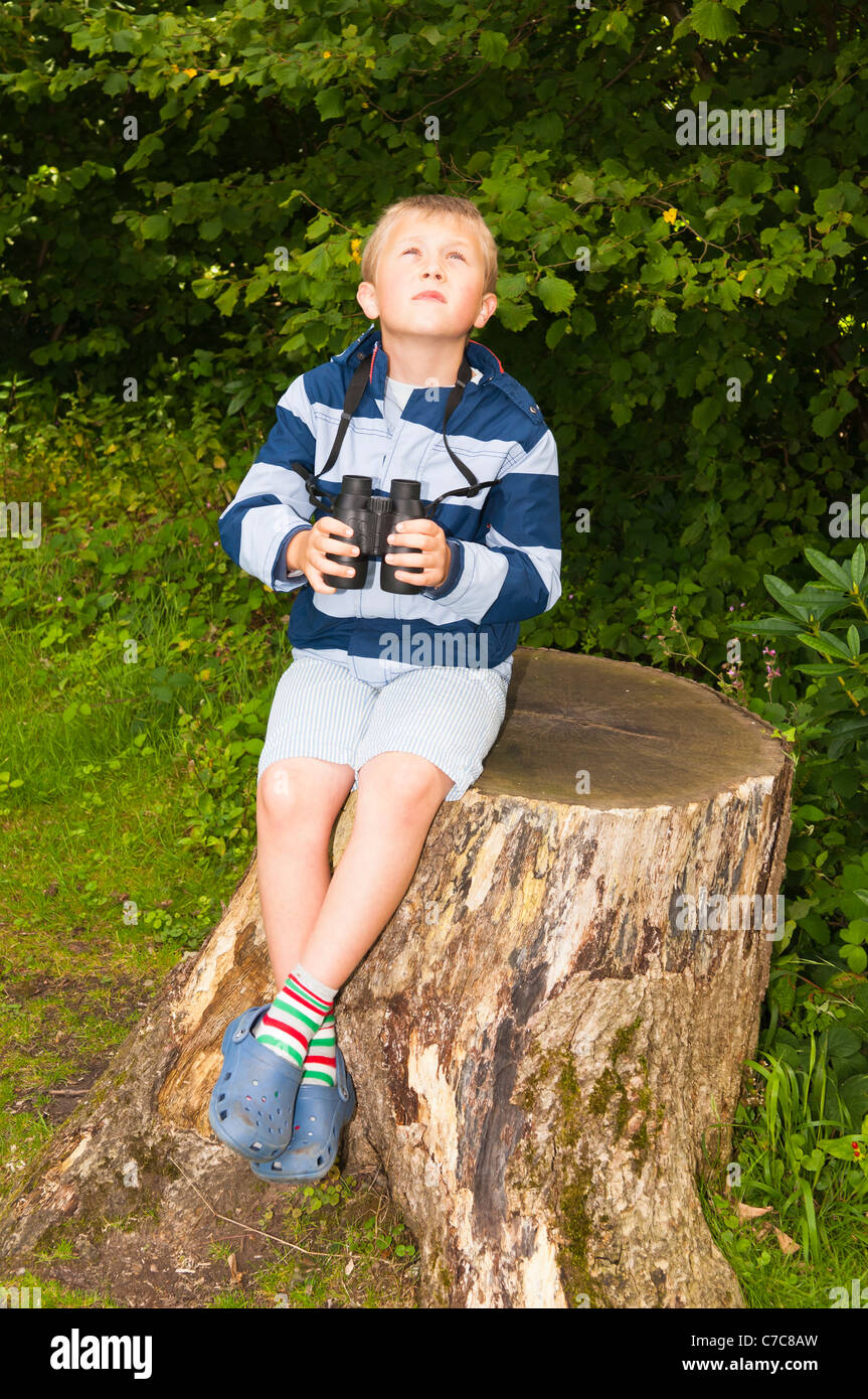 A seven year old boy birdwatching with binoculars at Fairhaven woodland ...