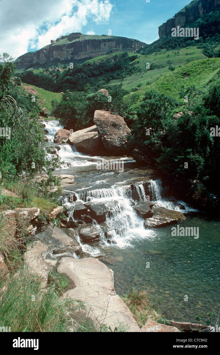 High veld in the Drakensberg Mountains, river in Royal Natal National ...