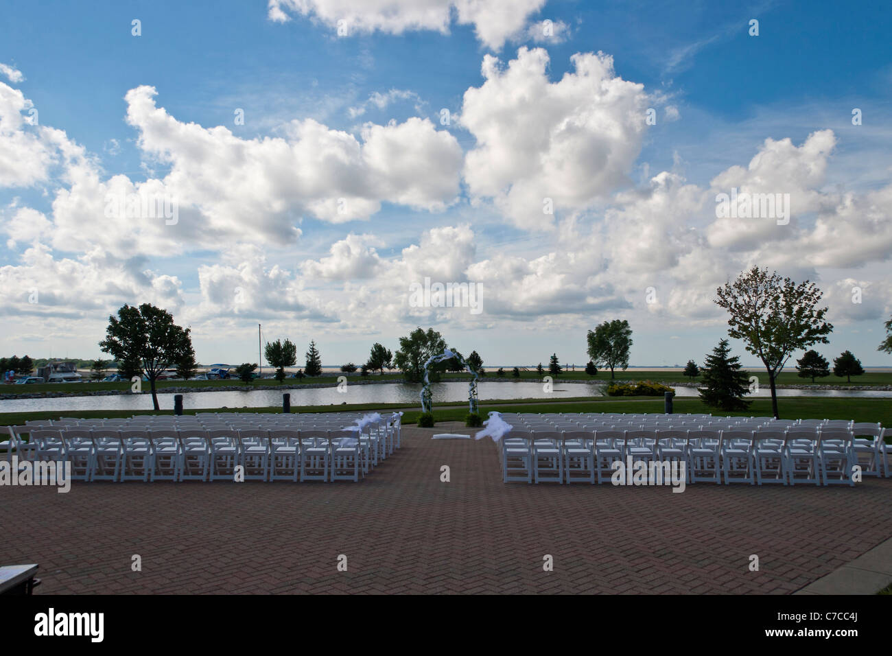 Decorated garden arbor set up in Toledo Ohio USA US for outdoor wedding ...