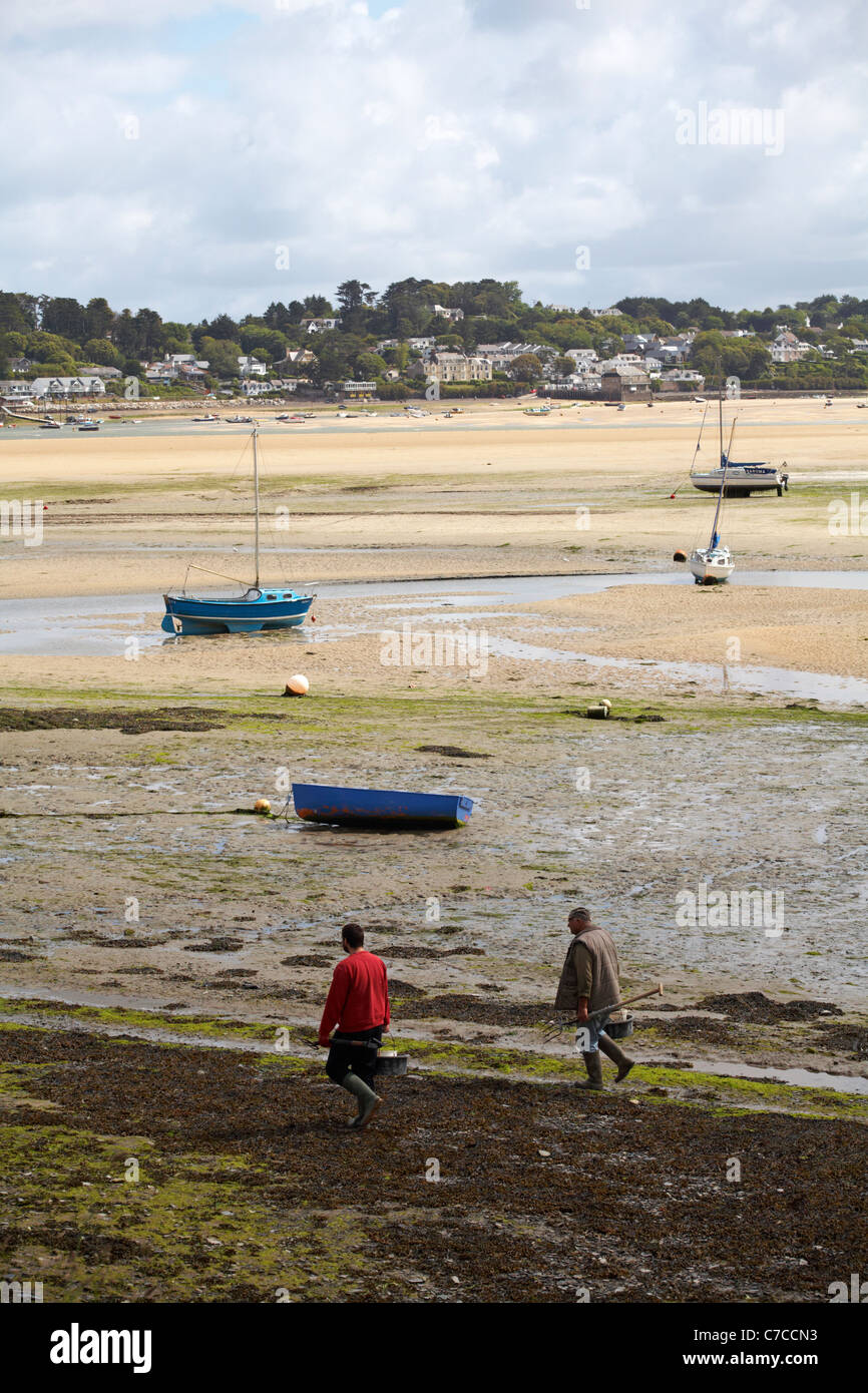 tide out low tide at Padstow, two men go digging for bait, at River ...