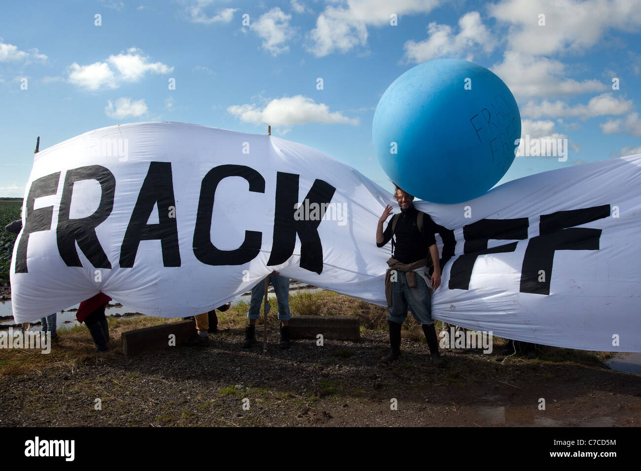 Frack Off banner and large blue inflatable at Camp Frack Protest ...