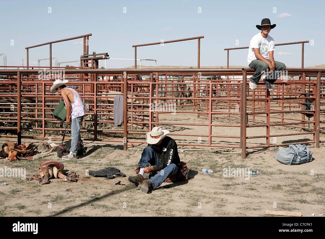 Competitors getting ready to take part in the rodeo held at the Crow ...