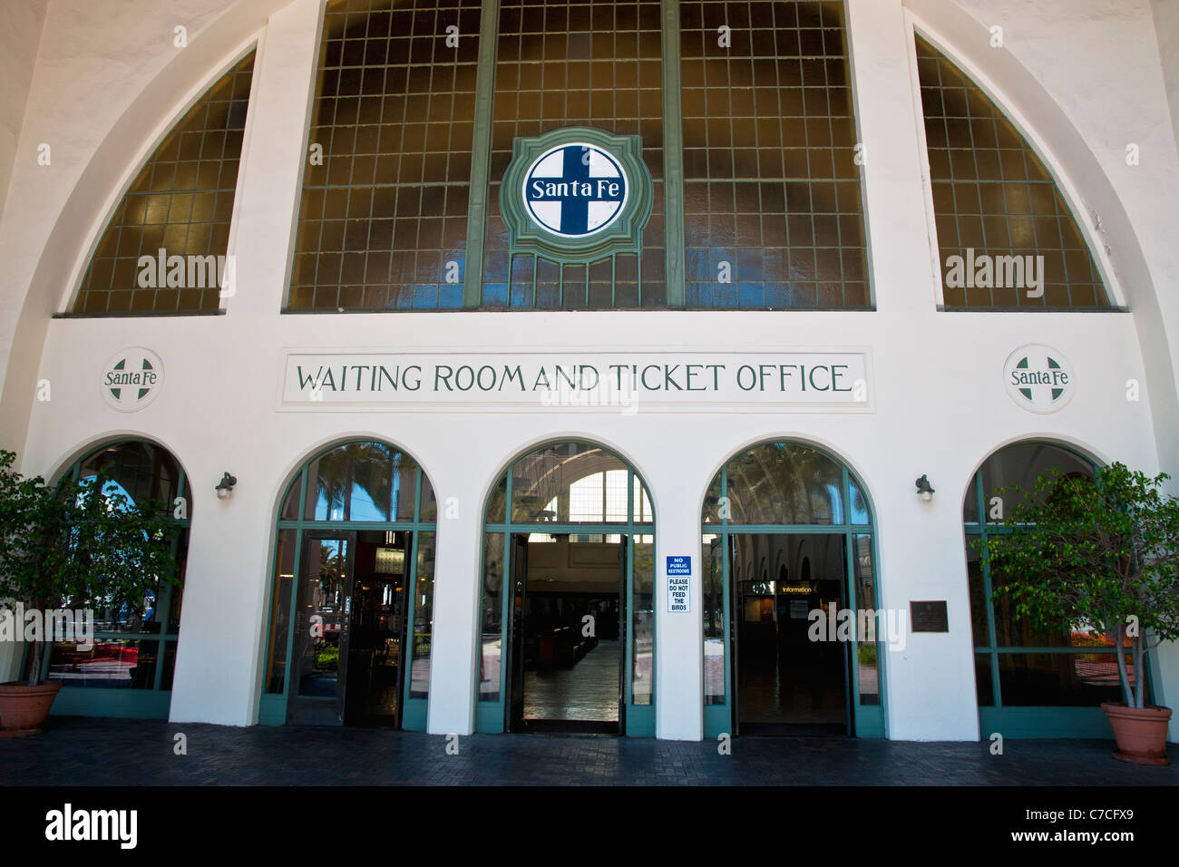Main entrance to historic Santa Fe train depot in San Diego, CA Stock ...