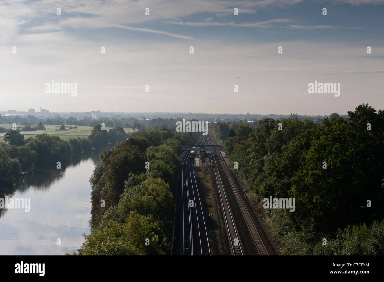 Aerial view of River Thames and railway line, Berkshire, UK Stock Photo ...