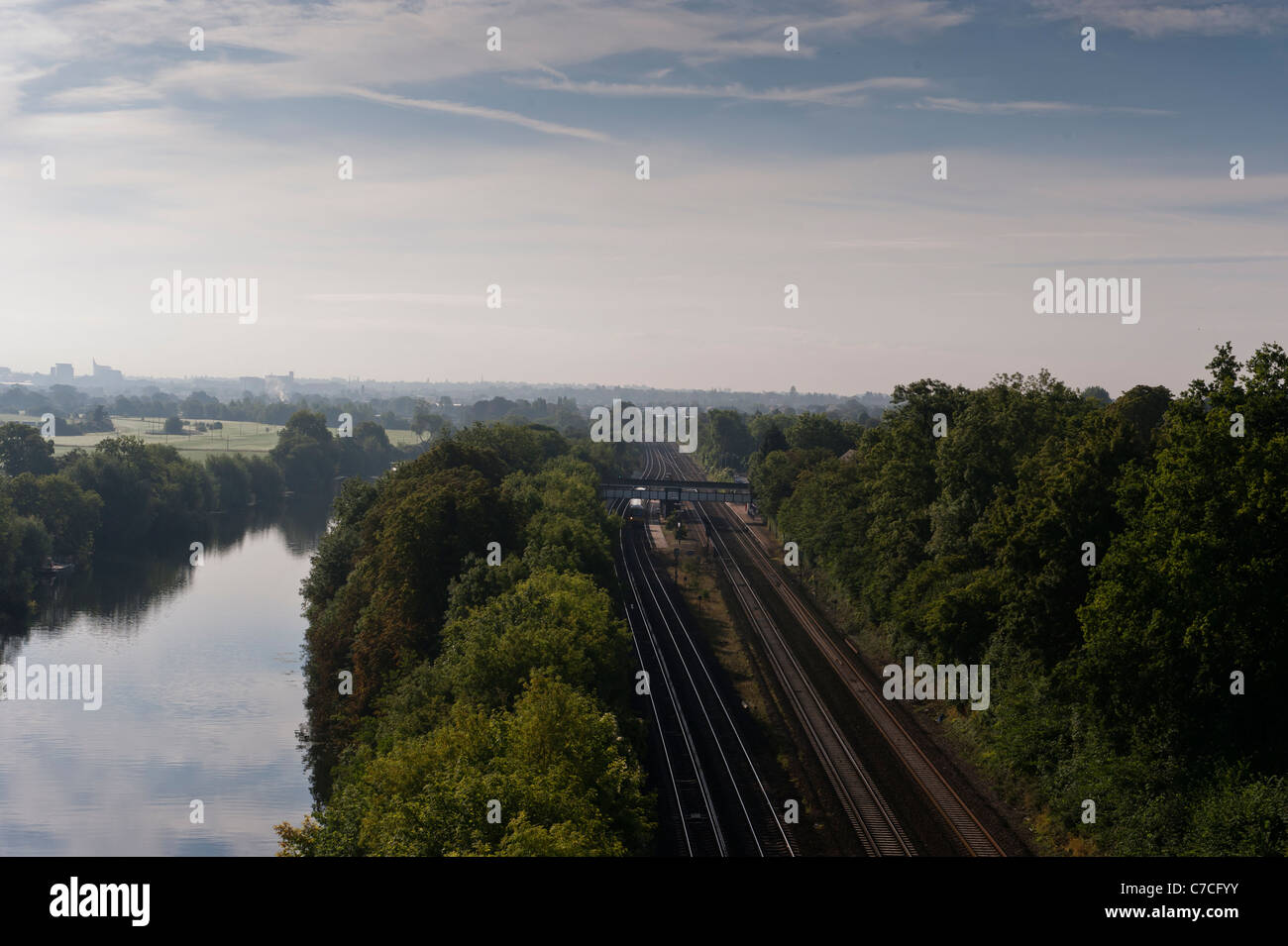 Aerial view of River Thames and railway line, Berkshire, UK Stock Photo ...