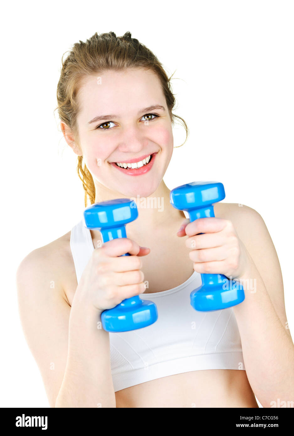 Happy fit young woman working out with weights for fitness exercise ...