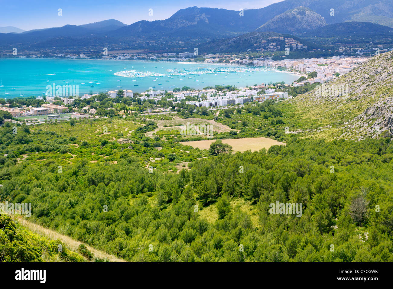 Pollensa Port view of the valley from high mountains in north Mallorca ...