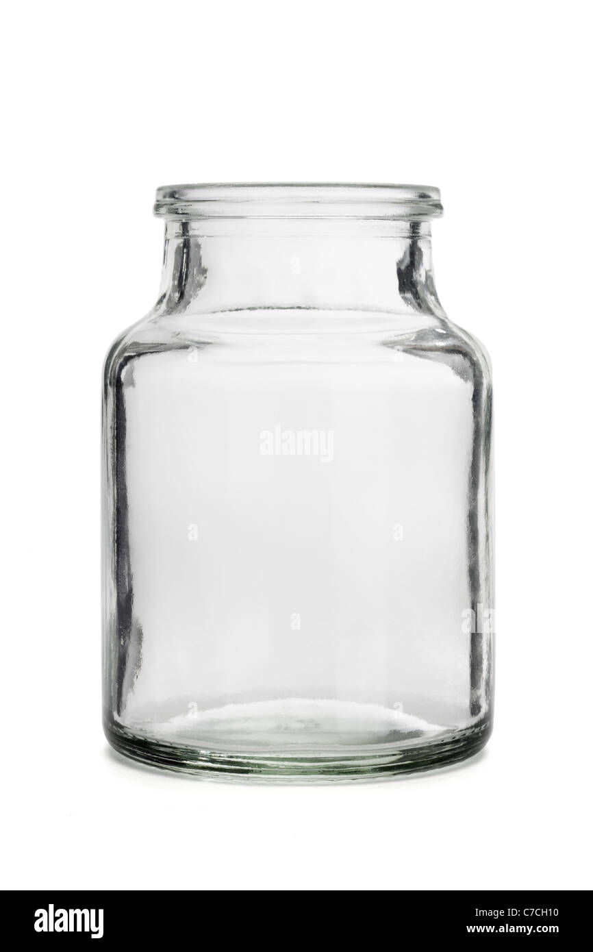 Open empty glass container on white background Stock Photo - Alamy