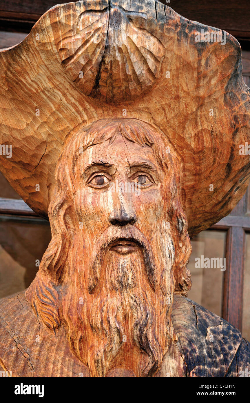 France, St. James Way: Detail of a wooden carved statue of the Apostle ...