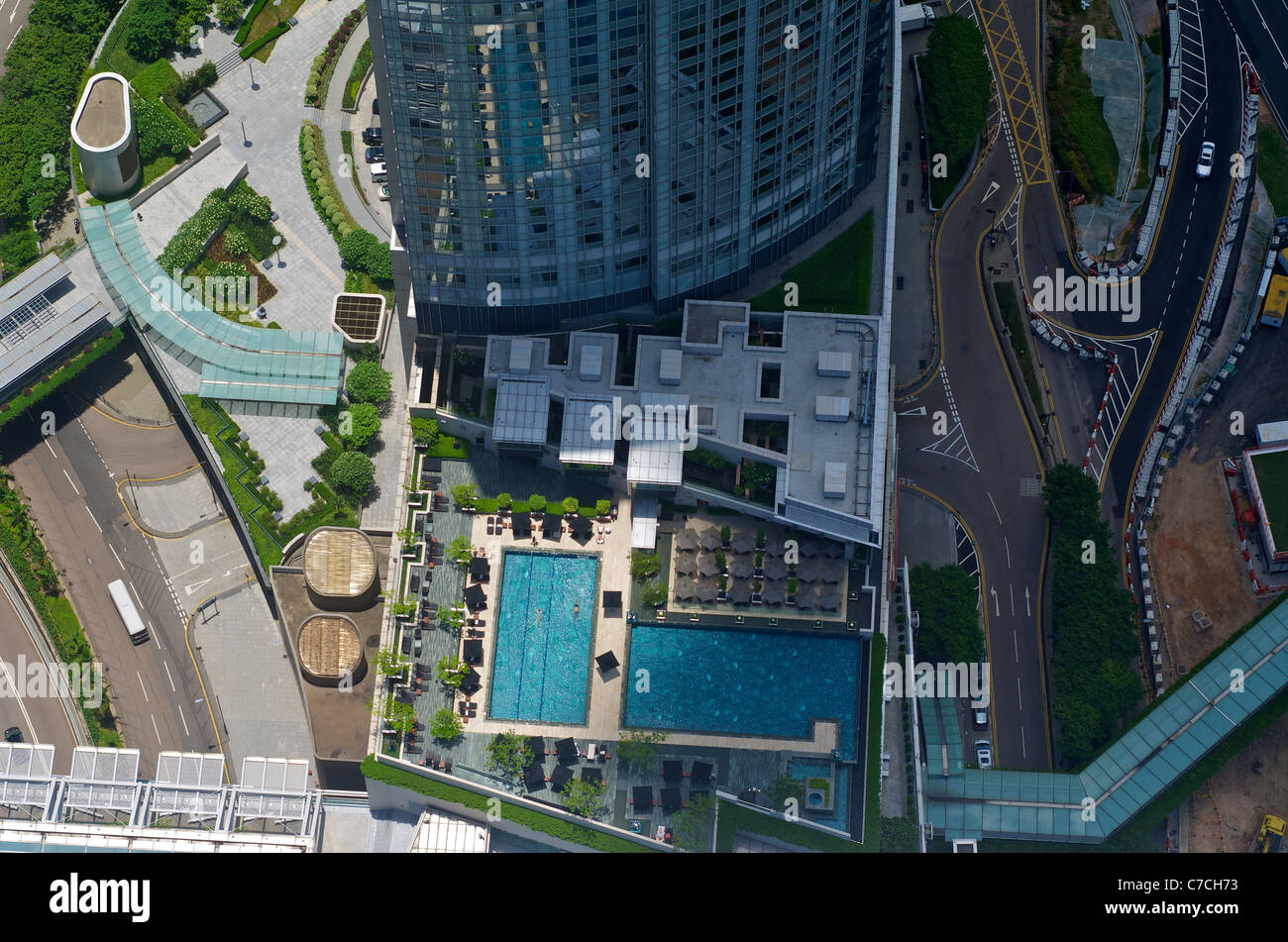 Aerial view from the rooftop of IFC 2, showing the Four Seasons hotel ...