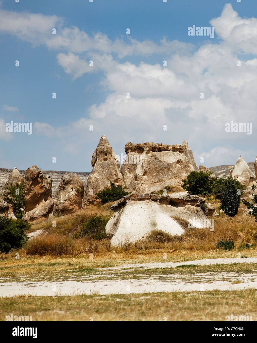 landscape of unusual sandstone limestone formation outskirts of Goreme ...