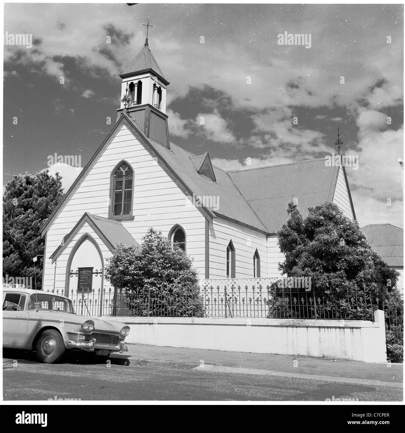 New Zealand, 1950s. Exterior view of a traditional wooden built or ...