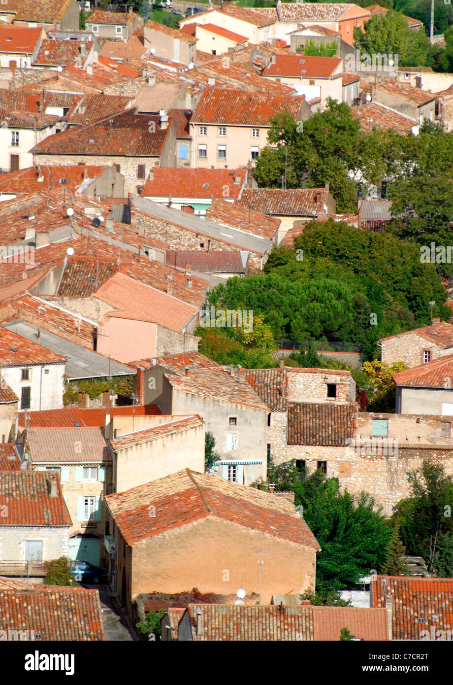 The colourful tiled rooftops of St-Chinian, Herault 34, Languedoc ...
