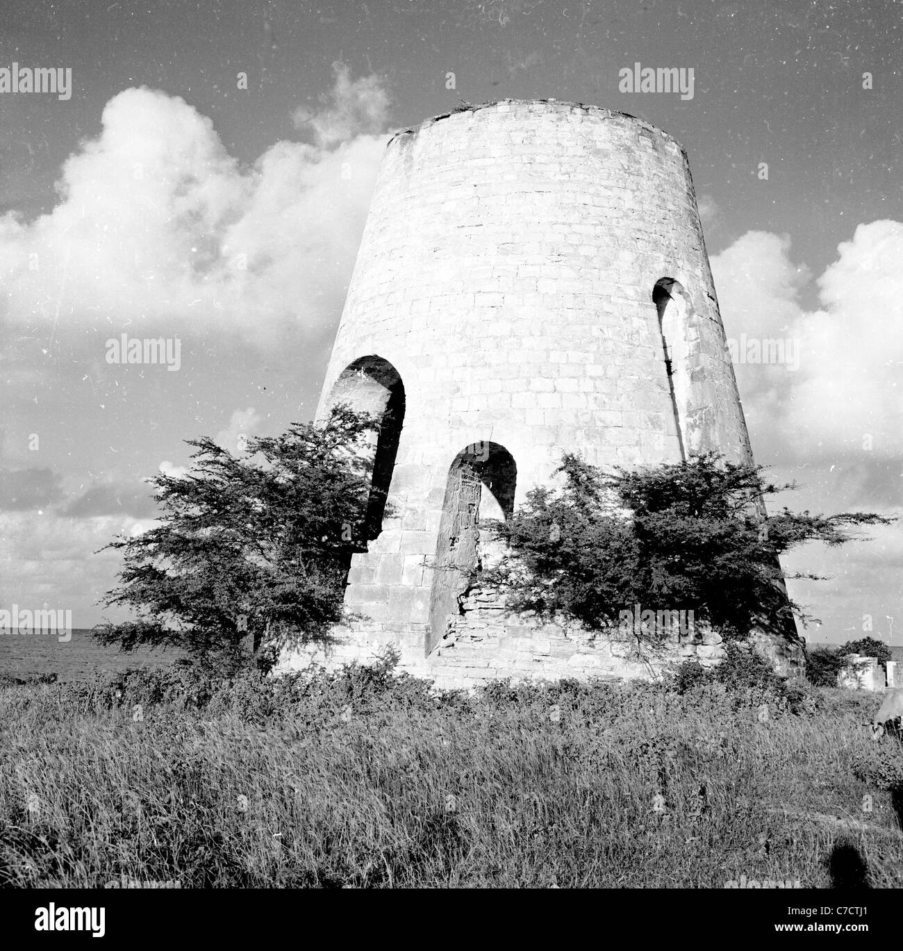 Trees grow out of old stone water tower, in this historical picture ...