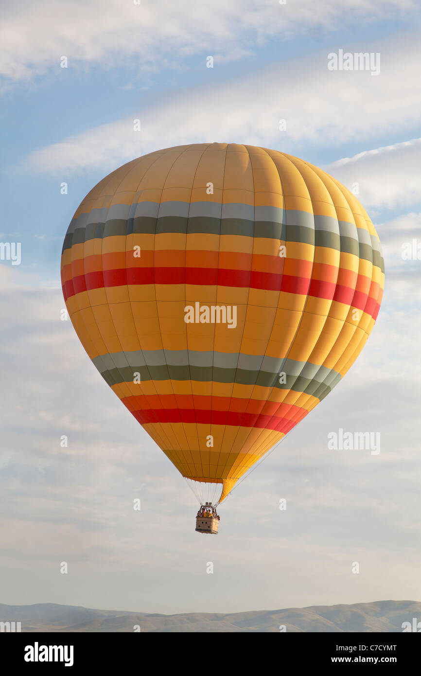 Portrait single Yellow with multi colored bands hot air balloon sailing ...