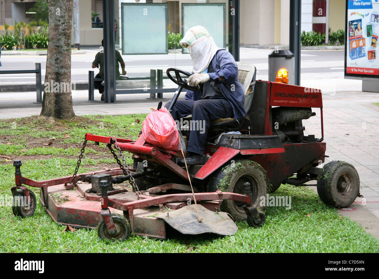 A gardener cuts grass using a mechanized grass cutter in Singapore City ...