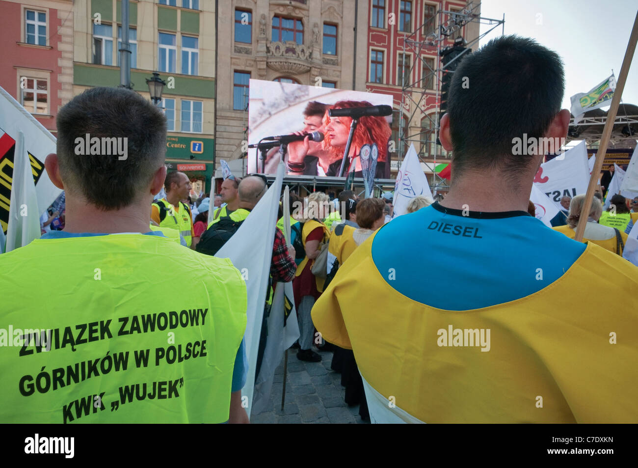 European trade unionists demonstrating during meeting of European Union ...