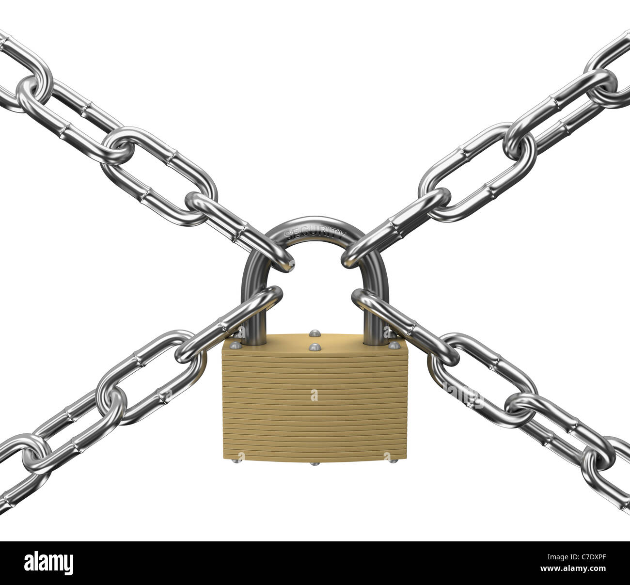 Padlock and chains on a white background an denoting closed or secure ...