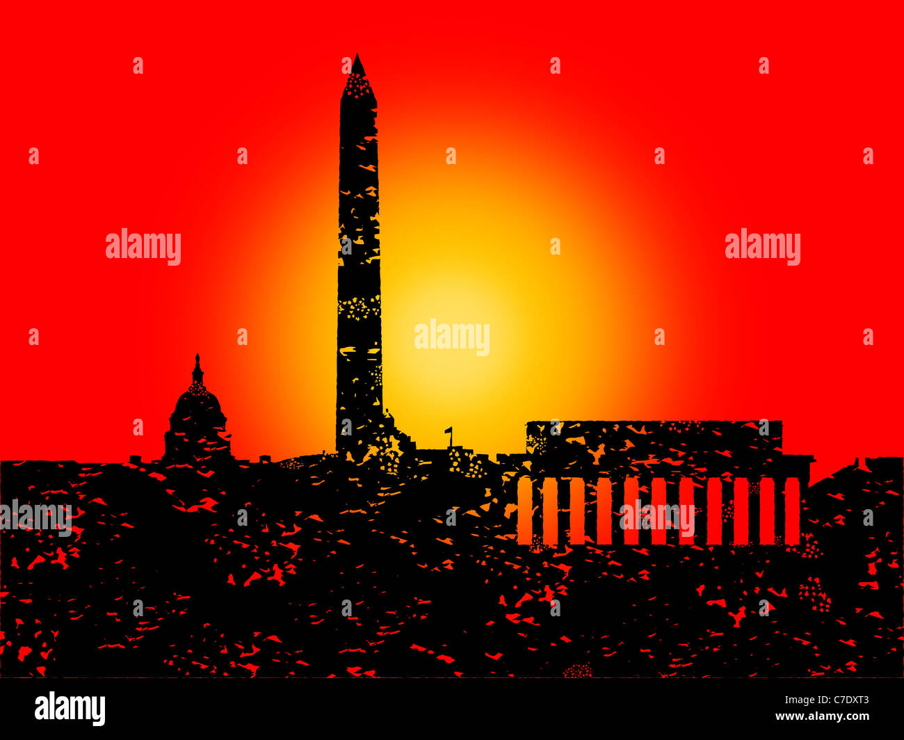 Grunge Washington DC skyline with abstract sunset illustration Stock ...