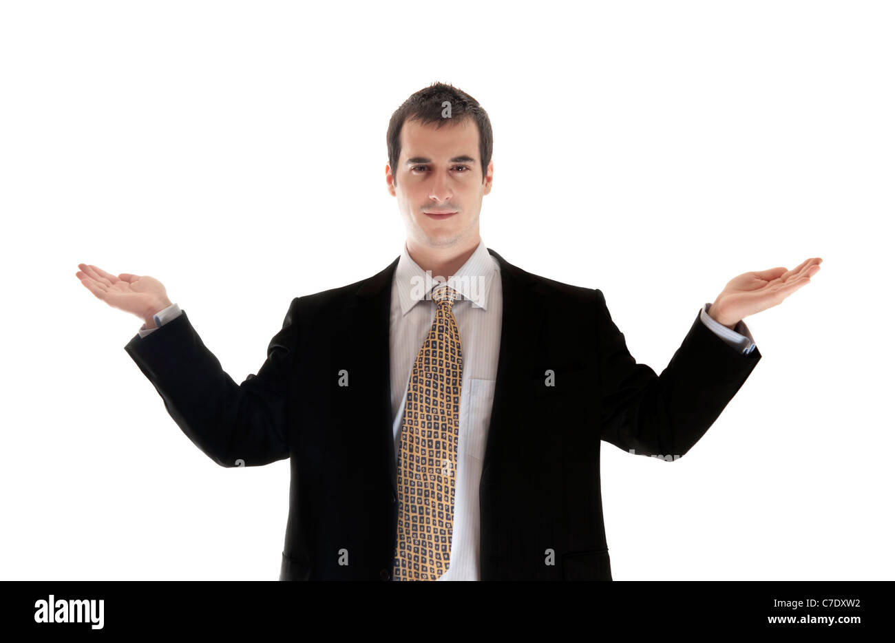 Isolated business man with hands up Stock Photo - Alamy