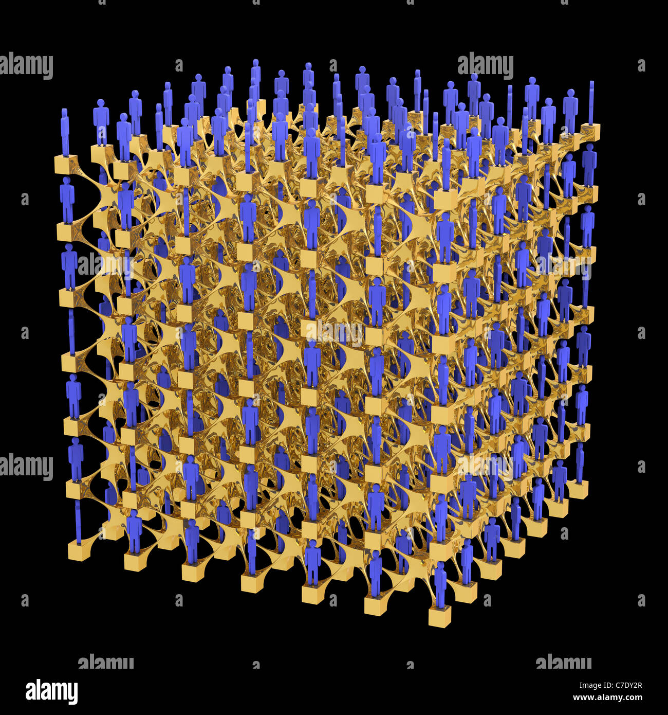 Golden cube with human figurines as complex monolithic interlaced ...