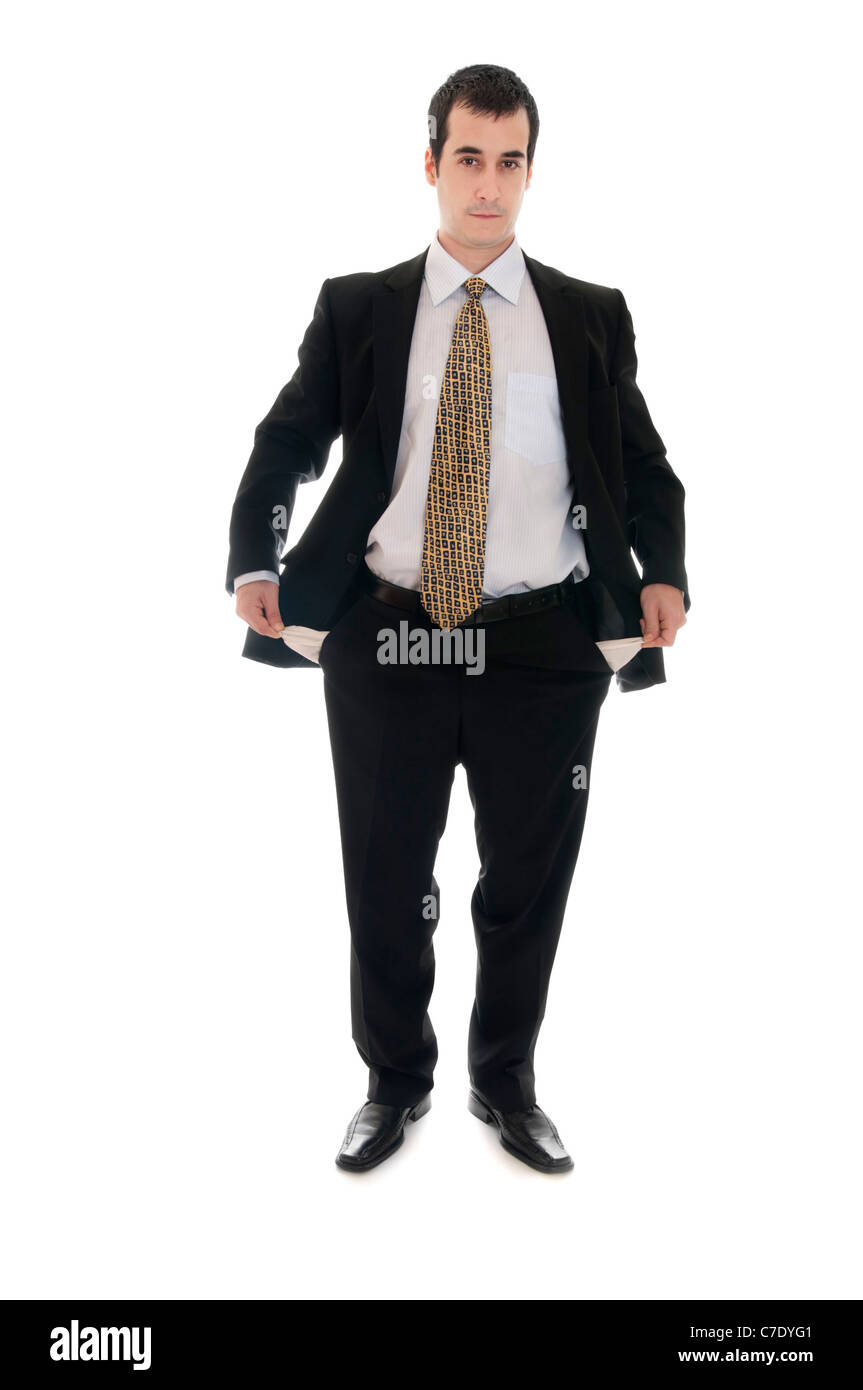 Isolated business man showing empty pockets Stock Photo - Alamy