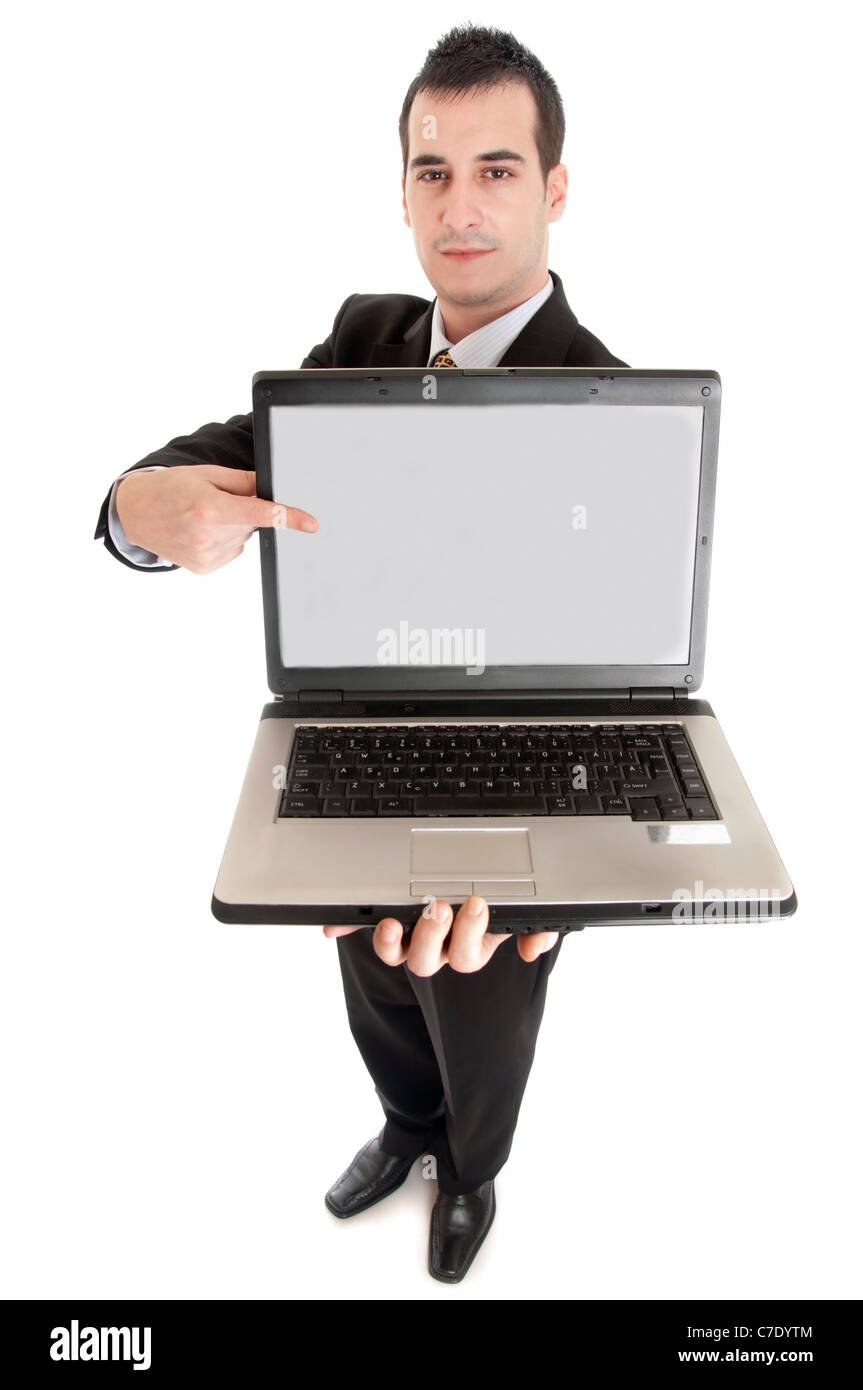 Isolated business man with laptop Stock Photo - Alamy