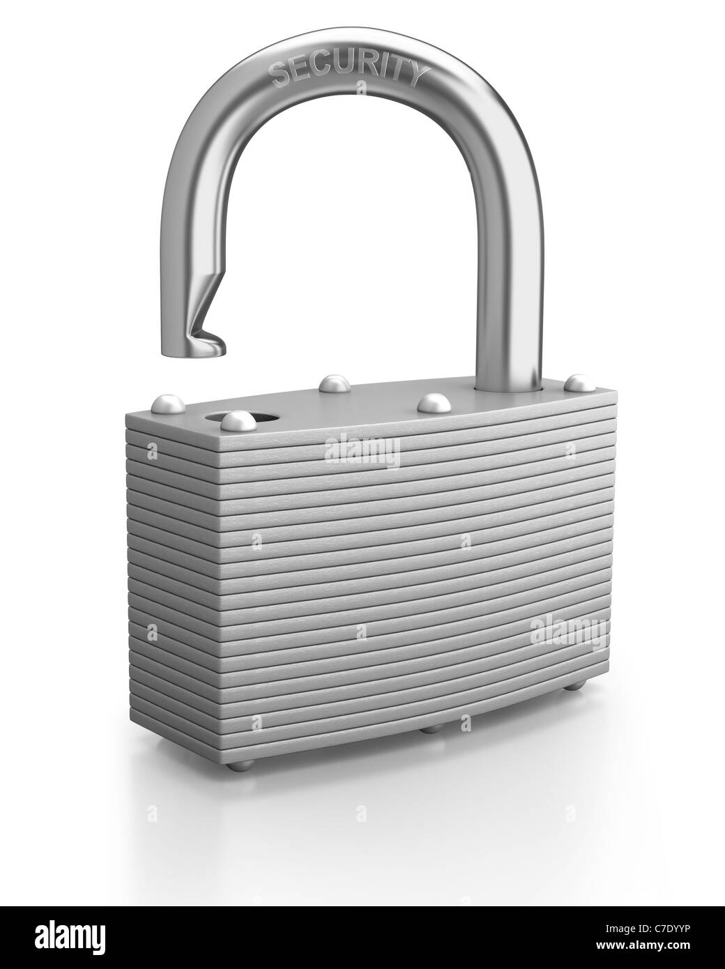 Close up of an open chrome steel padlock on a white background Stock ...