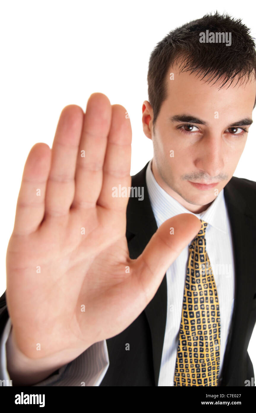 Isolated business man show stop sign Stock Photo - Alamy