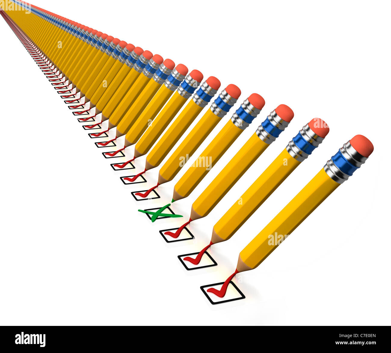 Green cross as an odd man out in a long line of red ticks on a white ...